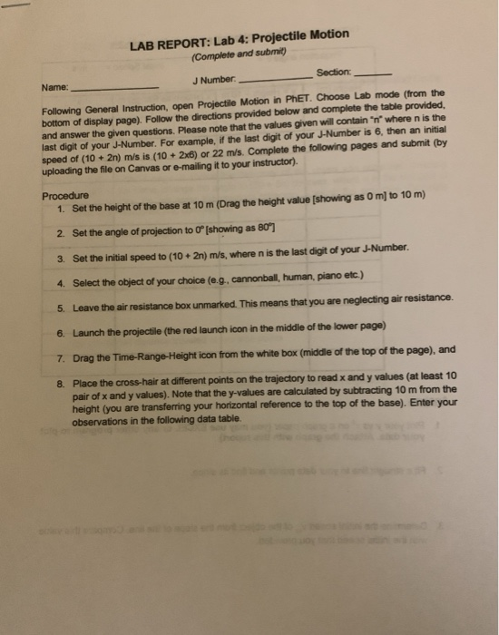 LAB REPORT: Lab 4: Projectile Motion (Complete and | Chegg.com