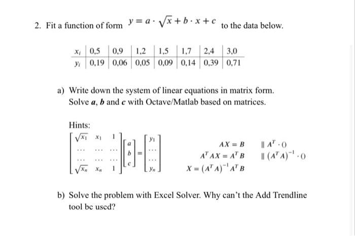 Solved a function of form y=a⋅x+b⋅x+c to the data below. a) | Chegg.com