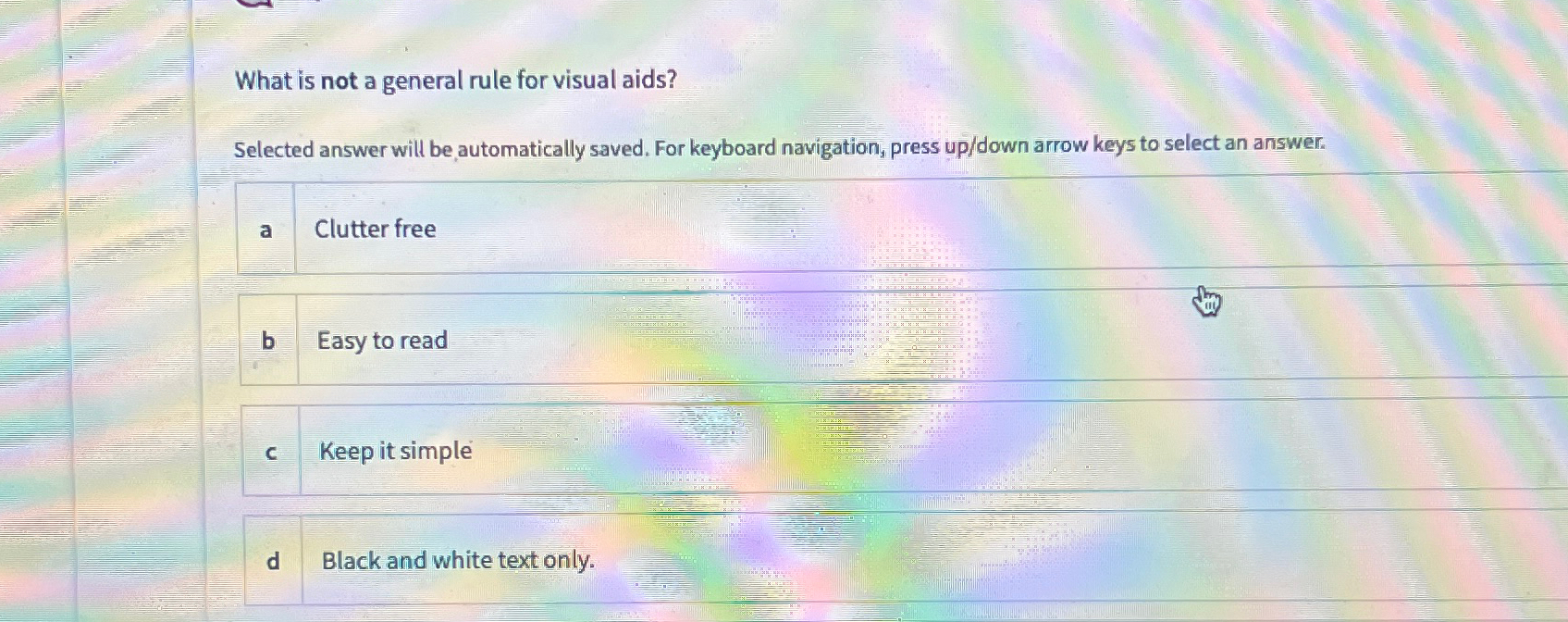 Solved What is not a general rule for visual aids?Selected | Chegg.com