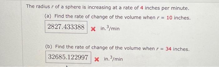 Solved he radius \\( r \\) of a sphere is increasing at a | Chegg.com
