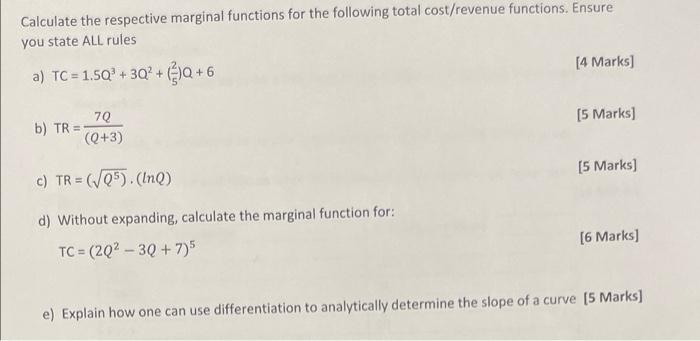 Solved Calculate the respective marginal functions for the | Chegg.com