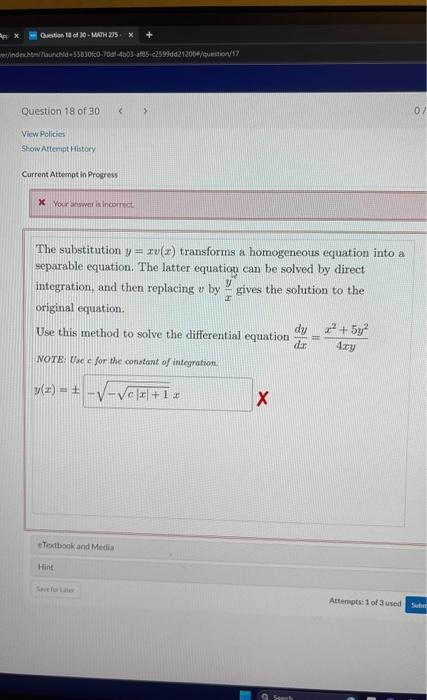 Solved The substitution y=xv(x) transforms a homogeneous | Chegg.com