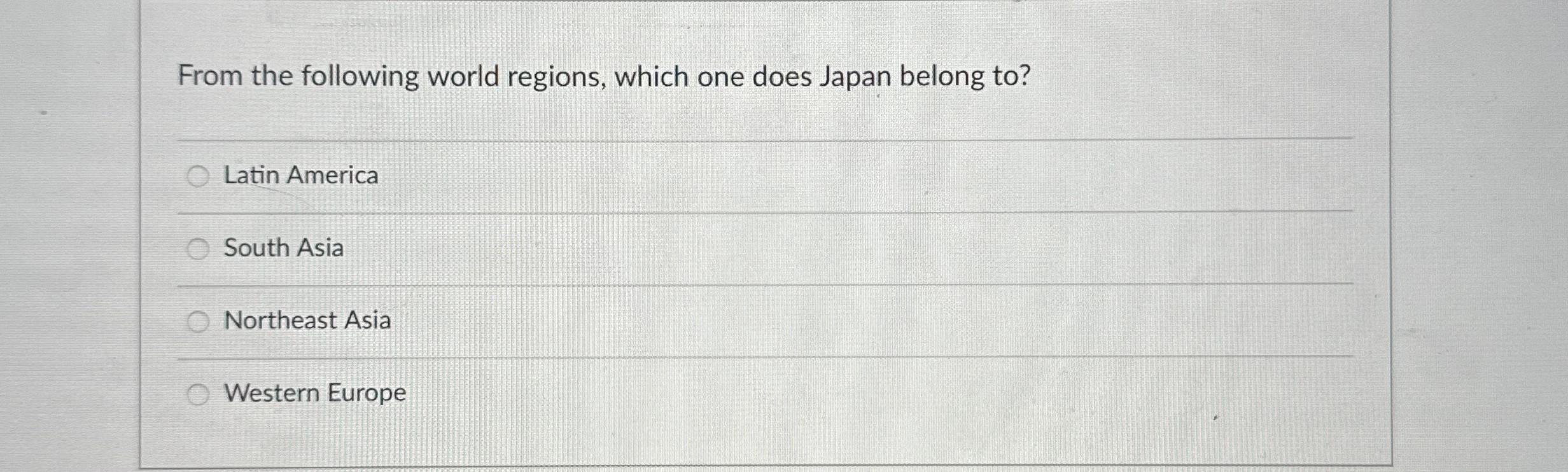 Solved From the following world regions, which one does | Chegg.com