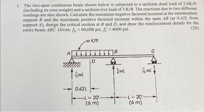 Solved 1. The two-span continuous beam shown below is | Chegg.com