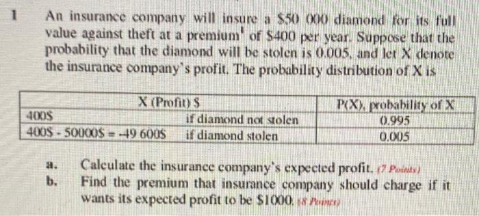 Solved 1 An insurance company will insure a $50 000 diamond | Chegg.com