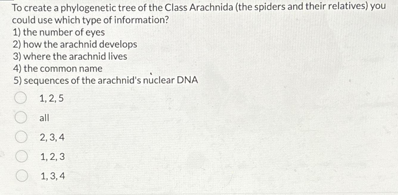 Solved To create a phylogenetic tree of the Class Arachnida | Chegg.com