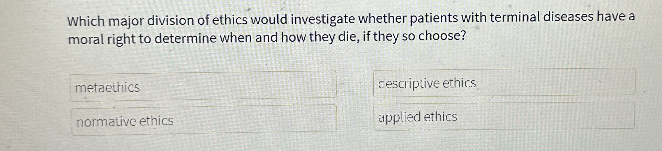 Solved Which major division of ethics would investigate | Chegg.com