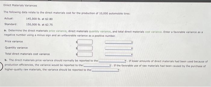 Solved Direct Materials Variances The following data relate | Chegg.com