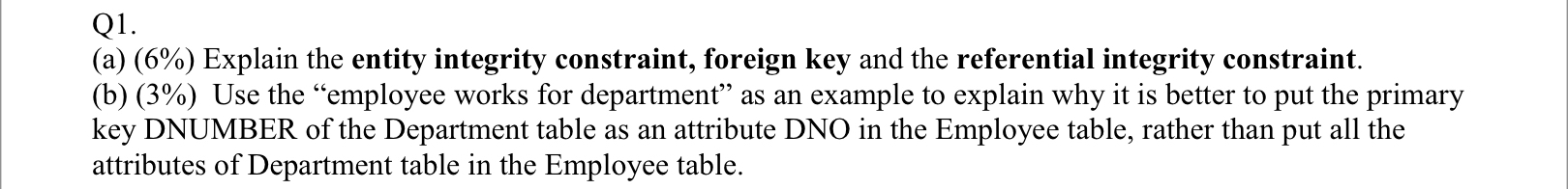 Solved Q1.(a) (6%) ﻿Explain the entity integrity constraint, | Chegg.com