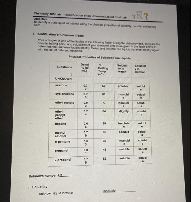 Solved 1. Identification of Unknown Liquid Your unknown is | Chegg.com