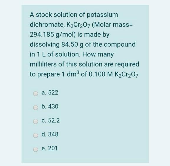 Solved A stock solution of potassium dichromate, K2Cr2O7 | Chegg.com