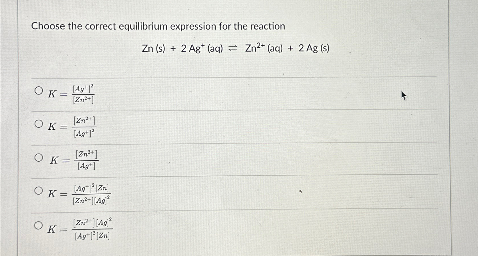 Solved Choose the correct equilibrium expression for the | Chegg.com