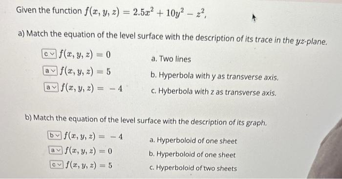 Solved Given the function f(x,y,z)=2.5x2+10y2−z2 a) Match | Chegg.com