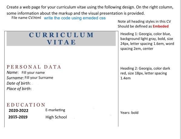 Solved Create a web page for your curriculum vitae using the | Chegg.com