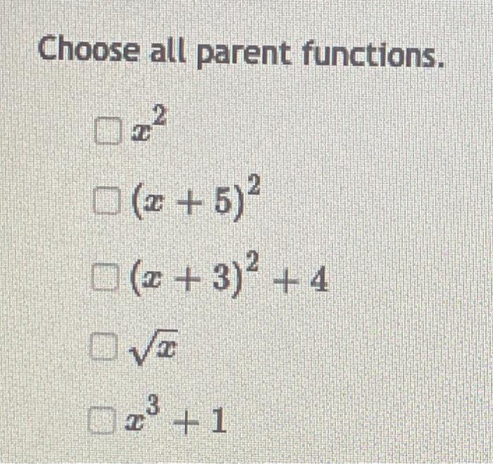 Solved Choose all parent functions. x2(x+5)2(x+3)2+4xx3+1 | Chegg.com