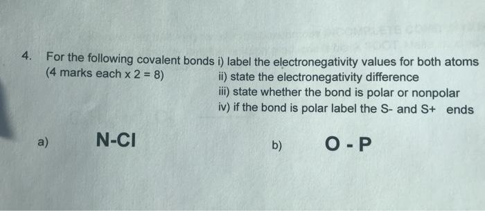 Solved 4. for the following covalent bondsi) label the | Chegg.com