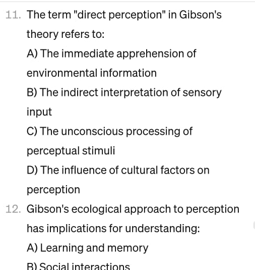 Solved The term "direct perception" in Gibson's theory | Chegg.com