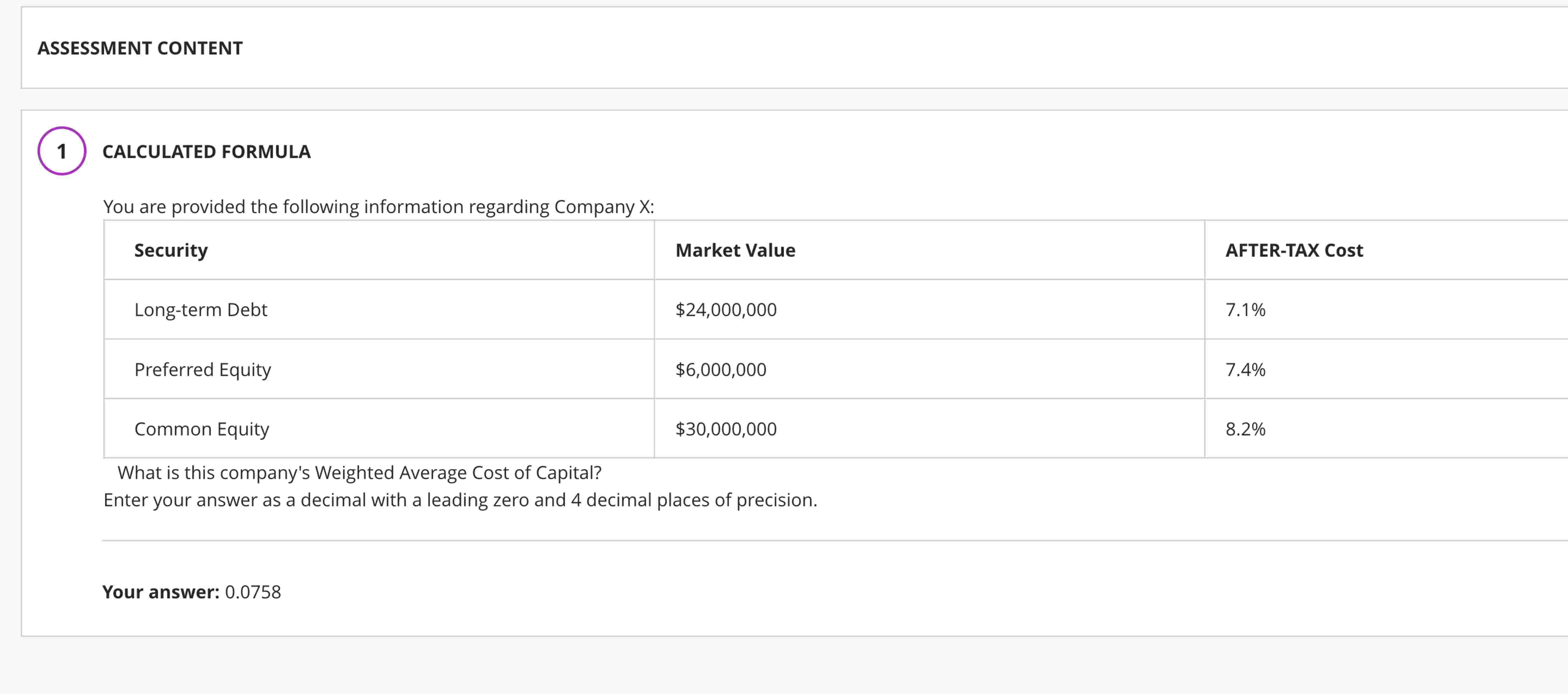 Solved ASSESSMENT CONTENT 1 ﻿CALCULATED FORMULA What is this | Chegg.com