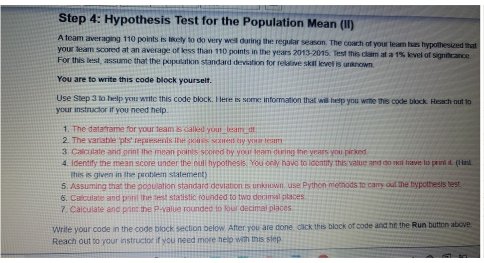 Step 4: Hypothesis Test for the Population Mean (ID) | Chegg.com
