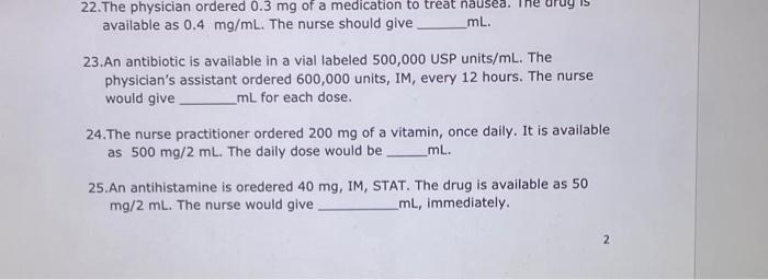 Solved 22. The physician ordered 0.3mg of a medication to | Chegg.com