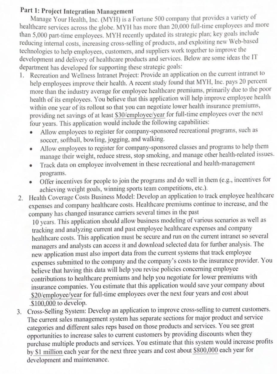 Solved Part 1: Project Integration Management Manage Your | Chegg.com