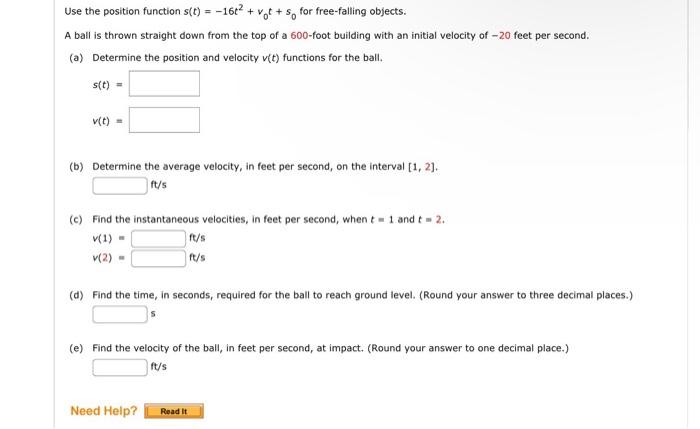 Solved Use the position function s(t) = -16t² + vt + s for | Chegg.com