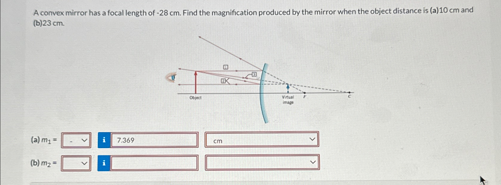 Solved A convex mirror has a focal length of -28cm. ﻿Find | Chegg.com