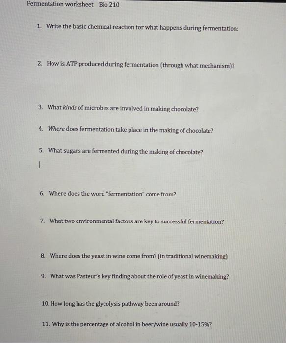 Solved Fermentation worksheet Bio 210 1. Write the basic | Chegg.com