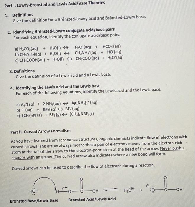 Solved Part I. Lowry-Bronsted and Lewis Acid/Base Theories | Chegg.com