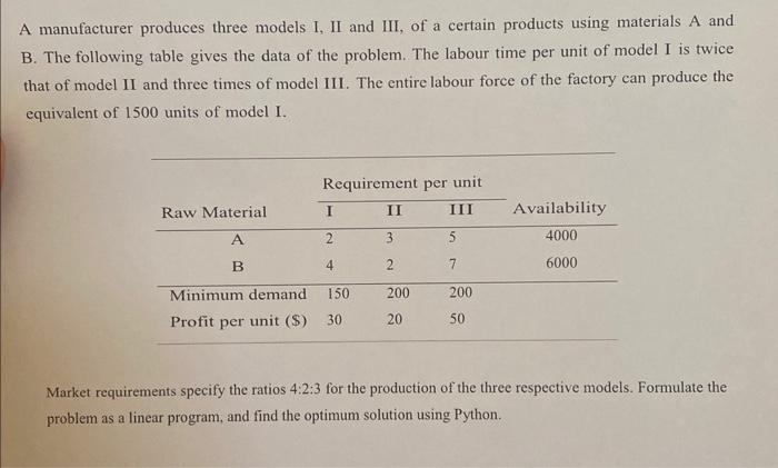 Solved A manufacturer produces three models I, II and III, | Chegg.com