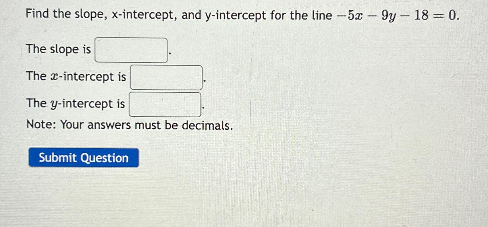 Solved Find the slope, x-intercept, and y-intercept for the | Chegg.com