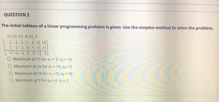 Solved Question 2 The Initial Tableau Of A Linear