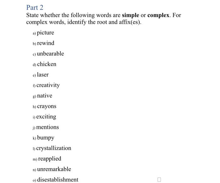 Solved Part 2 State whether the following words are simple | Chegg.com