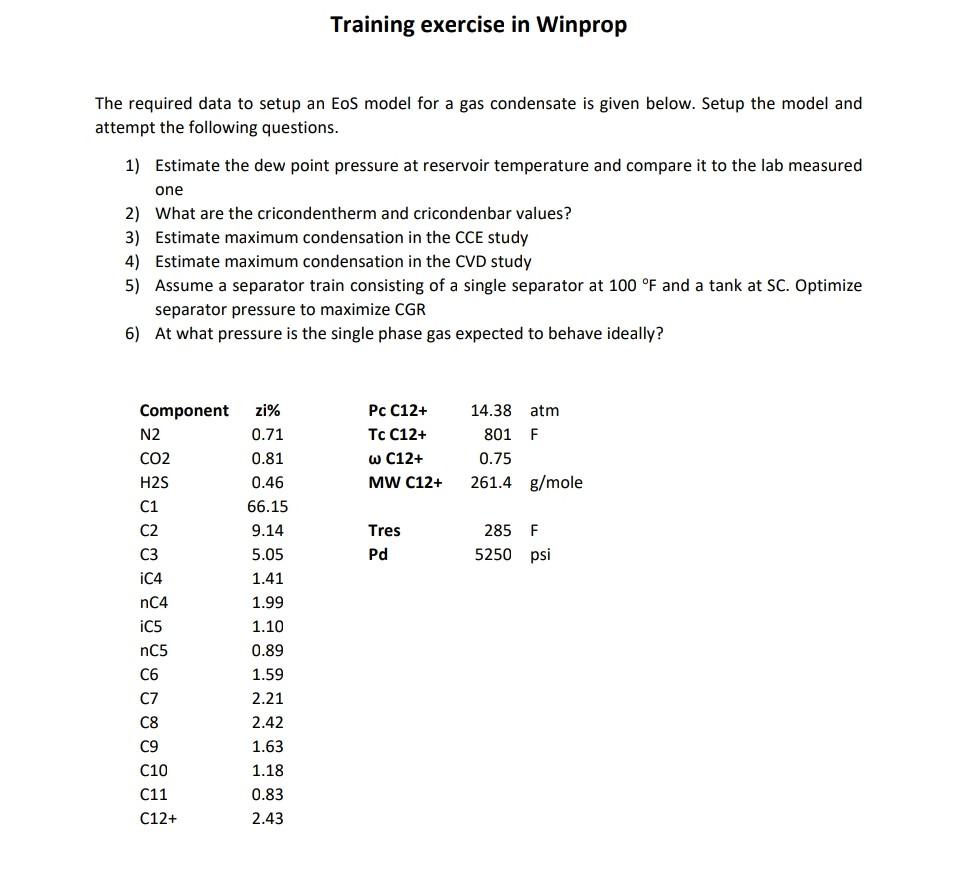 Solved Training exercise in Winprop The required data to | Chegg.com