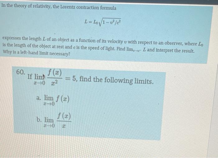 Solved In The Theory Of Relativity The Lorentz Contraction