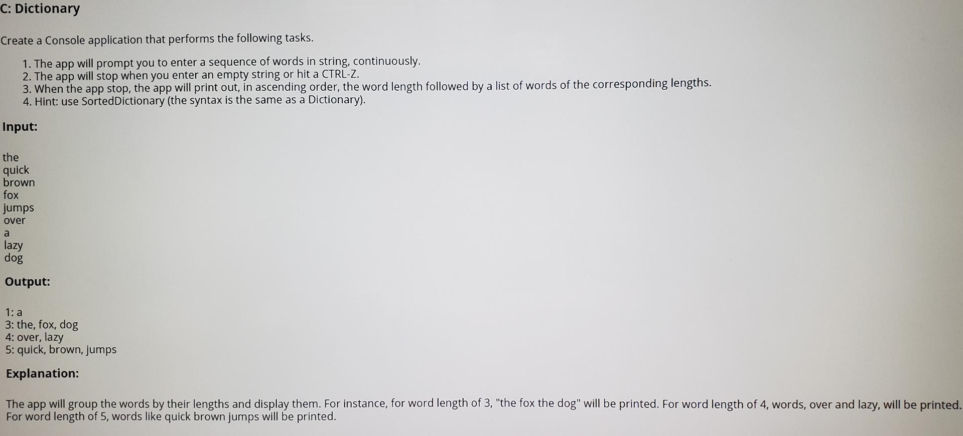 Solved C: Dictionary Create a Console application that | Chegg.com