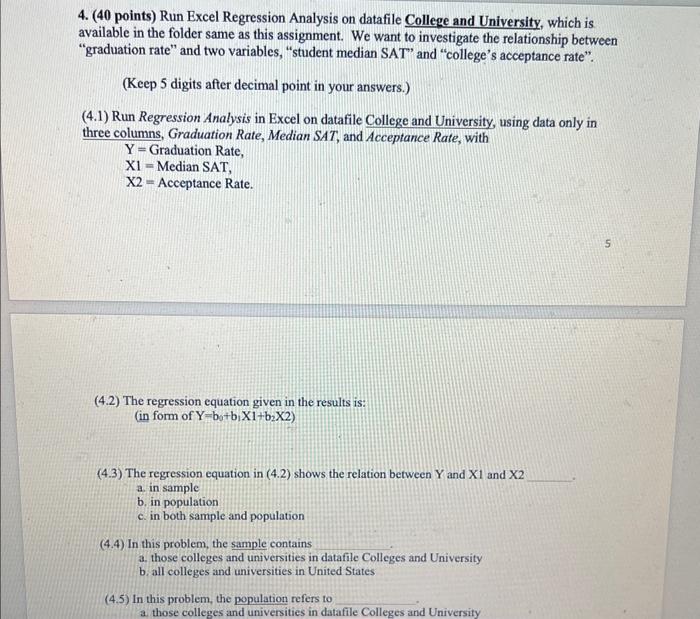 4. (40 points) Run Excel Regression Analysis on | Chegg.com