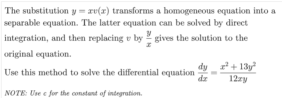 Solved The substitution y=xv(x) ﻿transforms a homogeneous | Chegg.com