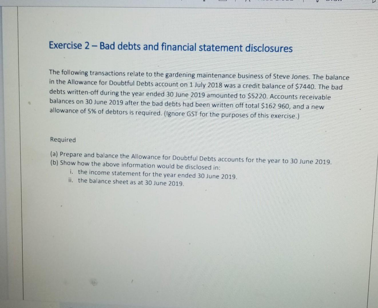 Solved Exercise 2- Bad debts and financial statement | Chegg.com