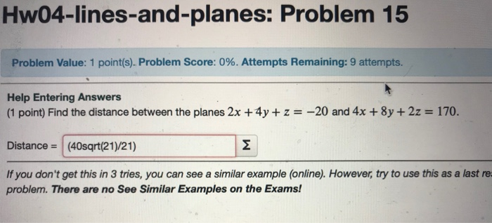 Solved Hw04-lines-and-planes: Problem 15 Problem Value: 1 | Chegg.com