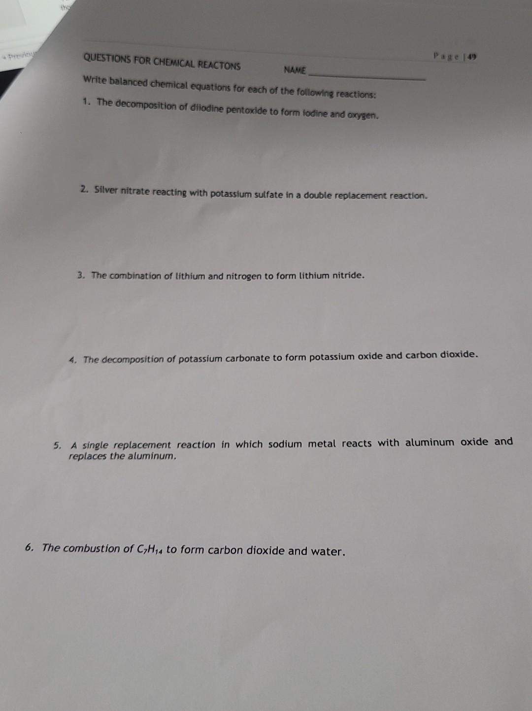 Solved Write balanced chemical equations for each of the | Chegg.com