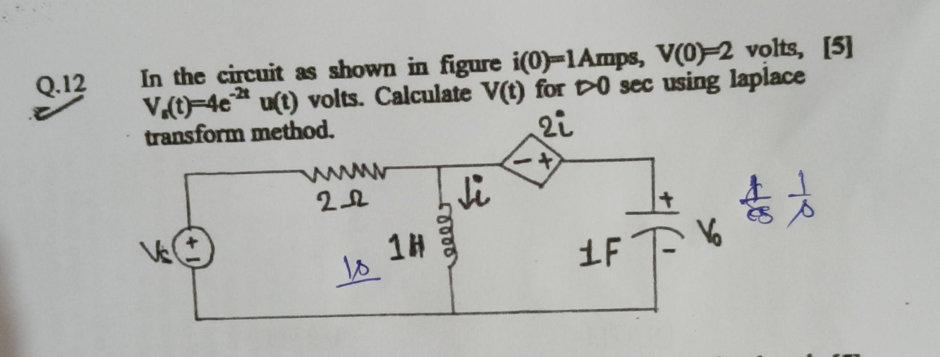 Solved Q.12 In the circuit as shown in figure i(0)-1Amps, | Chegg.com