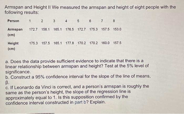 Solved Armspan and Height II We measured the armspan and | Chegg.com