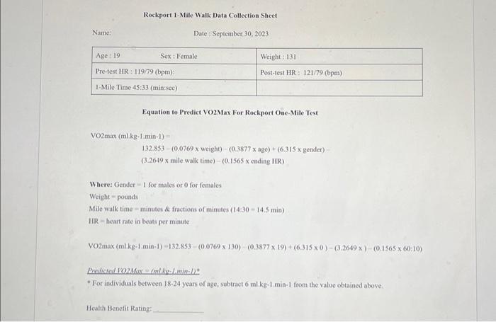 Solved Rockport 1-Mile Walk Data Collection Sheet Name: Date | Chegg.com