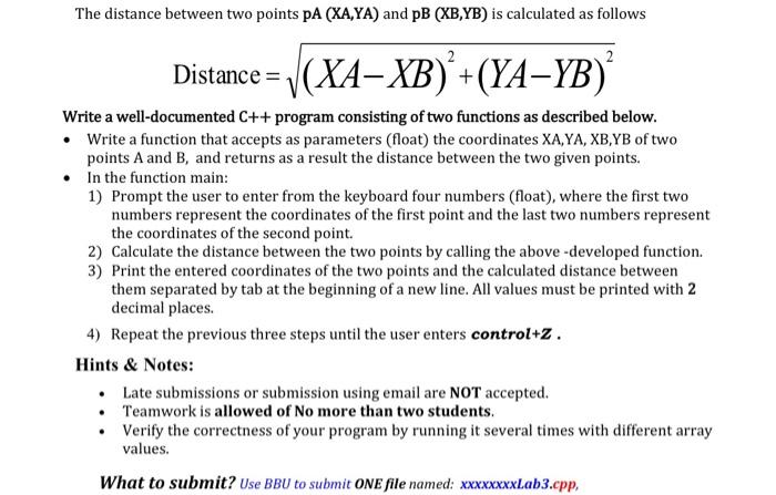 Solved The distance between two points pA(XA,YA) and | Chegg.com