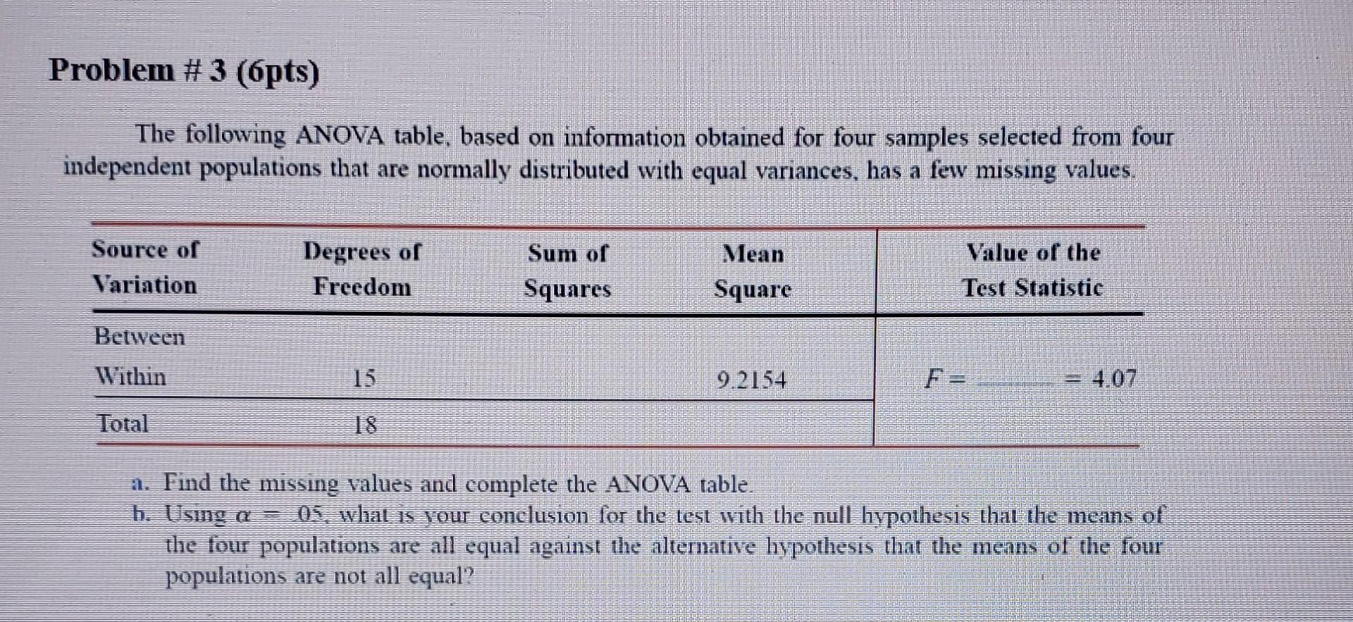 Solved Problem \# 3 (6pts) The following ANOVA table, based | Chegg.com