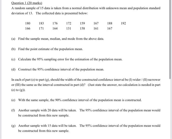 Solved Question 1 (20 marks) A random sample of 15 data is | Chegg.com