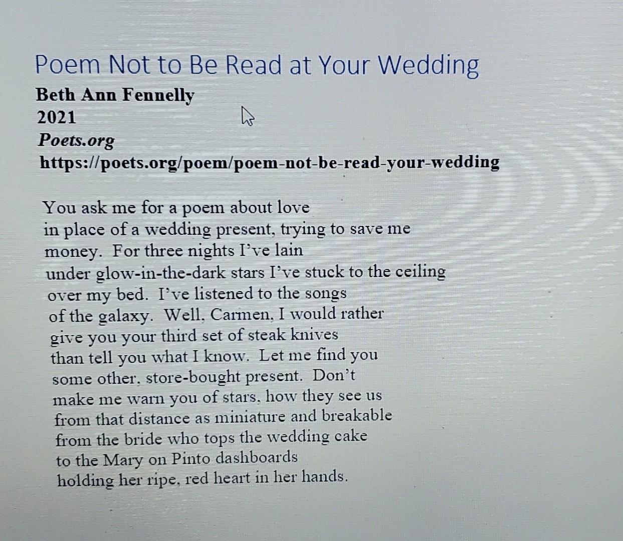 Poem Not to Be Read at Your Wedding Beth Ann Fennelly | Chegg.com