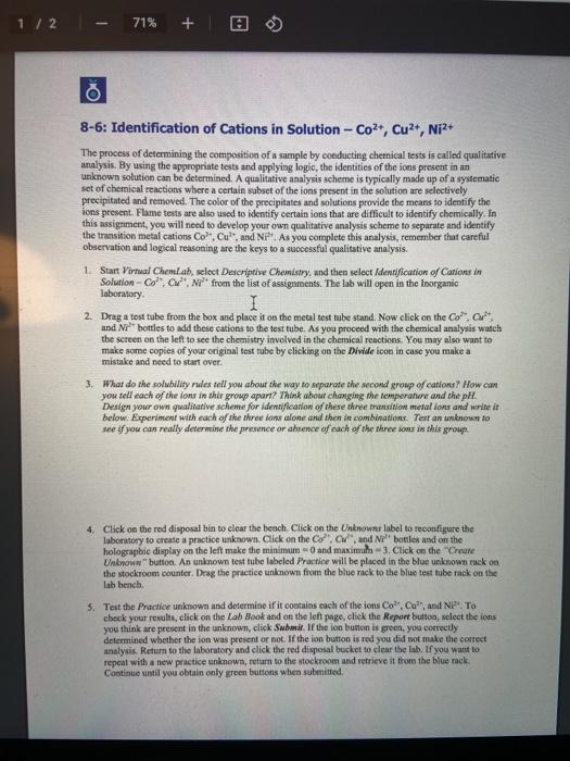 Solved 1 / 2 71% + o 8-6: Identification of Cations in | Chegg.com