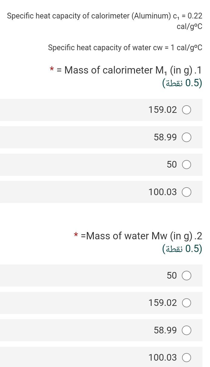 Solved Specific heat capacity of calorimeter (Aluminum) C, = | Chegg.com